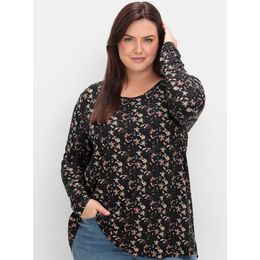 Langarmshirt sheego "Langarmshirt", Damen, Gr. 44/46, schwarz (schwarz, gemustert), 95% Viskose, 5% Elasthan, gebl&uuml;mt, gemustert, mehrfarbig, Rundhals, Shirts Langarmshirt