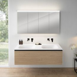 rivea Dia Unterschrank B: 141 cm mit 1 Auszug, Doppelwaschtisch ohne Hahnloch wei&szlig; matt, mit n50 Spiegelschrank f&uuml;r die Schweiz,,