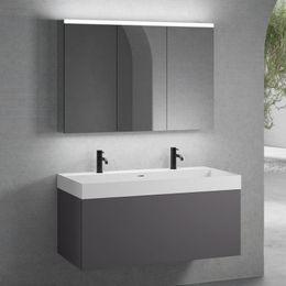 neoro n50 Unterschrank B: 120 cm mit 1 Auszug, Doppelwaschtisch mit 2 Hahnl&ouml;chern wei&szlig; matt, mit Spiegelschrank f&uuml;r die Schweiz,,