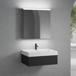 neoro n50 Unterschrank B: 80 cm mit 1 Auszug, Waschtisch mit 1 Hahnloch wei&szlig; matt, mit Spiegelschrank f&uuml;r die Schweiz,, BN0138WM+BN0412BM+BN0486MI,