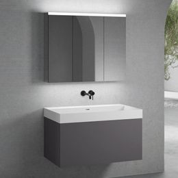 neoro n50 Unterschrank B: 100 cm mit 1 Auszug, Waschtisch ohne Hahnloch wei&szlig; matt, mit Spiegelschrank f&uuml;r die Schweiz,, BN0135WM+BN0433GR+BN0487MI,