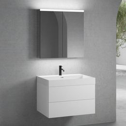 neoro n50 Unterschrank B: 80 cm mit 2 Ausz&uuml;gen, Waschtisch mit 1 Hahnloch wei&szlig; matt, mit Spiegelschrank f&uuml;r die Schweiz,, BN0138WM+BN0422WM+BN0486MI,