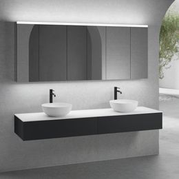 neoro n50 M&ouml;belanlage B: 200 cm mit 2 Ausz&uuml;gen, 2 Waschtische &Oslash; 40 cm wei&szlig; matt, mit Spiegelschrank f&uuml;r die Schweiz,,