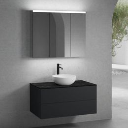 neoro n50 Unterschrank B: 100 cm mit 2 Ausz&uuml;gen, Waschtisch &Oslash; 45 cm wei&szlig; matt, mit Spiegelschrank f&uuml;r die Schweiz,,