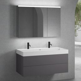 neoro n50 Unterschrank B: 120 cm mit 2 Ausz&uuml;gen, Doppelwaschtisch mit 2 Hahnl&ouml;chern wei&szlig; matt, mit Spiegelschrank f&uuml;r die Schweiz,,