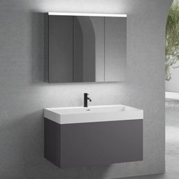 neoro n50 Unterschrank B: 100 cm mit 1 Auszug, Waschtisch mit 1 Hahnloch wei&szlig; matt, mit Spiegelschrank f&uuml;r die Schweiz,, BN0139WM+BN0433GR+BN0487MI,