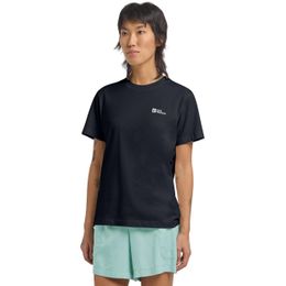 T-Shirt Jack Wolfskin "ESSENTIAL T W", Damen, Gr. L, blau (schwarz navy), Obermaterial: 100% Baumwolle, Rundhals, Shirts T-Shirt, weiches, klassisches T-Shirt aus atmungsaktiver Bio-Baumwolle
