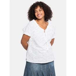 Kurzarmbluse sheego by Joe Browns, Damen, Gr. 44, wei&szlig;, 100% Baumwolle, unifarben, Carmenausschnitt, Blusen