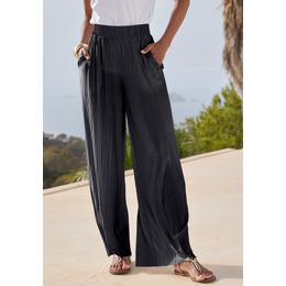 Schlupfhose Lascana, Damen, Gr. 34, N-Gr, blau (schwarz), Jersey, Obermaterial: 94% Polyester, 6% Elasthan, unifarben, figurumspielend kn&ouml;chellang, Hosen Schlupfhose, mit Plisseefalten und Zierschnalle, luftige Sommerhose, elegant