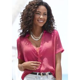Kurzarmbluse Vivance, Damen, Gr. 34, pink, Web, Obermaterial: 65% Viskose, 35% Polyester, unifarben, figurumspielend h&uuml;ftlang, V-Ausschnitt, Blusen, mit Hemdkragen und Knopfleiste, Hemdbluse, Strandmode