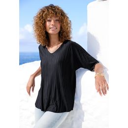 Plisseeshirt Lascana, Damen, Gr. 32/34, schwarz, Jersey, Obermaterial: 94% Polyester, 6% Elasthan, unifarben, figurumspielend h&uuml;ftbedeckend, V-Ausschnitt, Fledermaus&auml;rmel, Shirts, aus schimmernder Ware