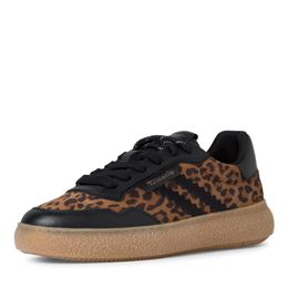 Plateausneaker Tamaris, Damen, Gr. 37, braun (leo kombiniert), Lederimitat, Veloursleder, Schuhe Plateausneaker, Freizeitschuh, Halbschuh, Schn&uuml;rschuh mit Kontrastbesatz