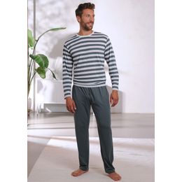 H.I.S. Pyjama H.I.S, Herren, Gr. 44/46 (S), gr&uuml;n (gr&uuml;n, creme), Jersey, Obermaterial: 60% Baumwolle, 40% Polyester, gestreift, Basic, lang, Rundhals, abgesteppte Kante, Homewear-Sets Pyjama, Schlafanzug mit garngef&auml;rbten Streifen