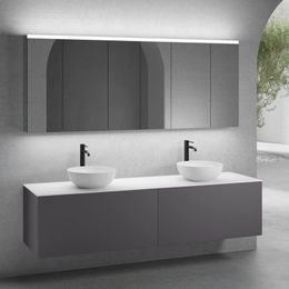 neoro n50 M&ouml;belanlage B: 200 cm mit 2 Ausz&uuml;gen, 2 Waschtische &Oslash; 45 cm wei&szlig; matt, mit Spiegelschrank f&uuml;r die Schweiz,,