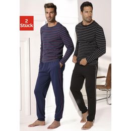 Pyjama AUTHENTIC LE JOGGER, Herren, Gr. 44/46 (S), bunt (schwarz, blau), Jersey, Obermaterial: 100% Baumwolle, gestreift, Basic, bequem lang, Rundhals, abgesteppte Kante, Homewear-Sets Pyjama, Schlafanzug in langer Form mit garngef&auml;rbten Streifen