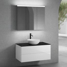 neoro n50 Unterschrank B: 100 cm mit 2 Ausz&uuml;gen, Waschtisch &Oslash; 45 cm wei&szlig; matt, mit Spiegelschrank f&uuml;r die Schweiz,,