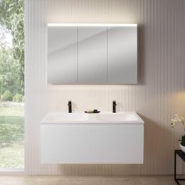 rivea Dia Unterschrank B: 121 cm mit 1 Auszug, Doppelwaschtisch mit 2 Hahnl&ouml;chern wei&szlig; matt, mit n50 Spiegelschrank f&uuml;r die Schweiz,,