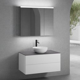 neoro n50 Unterschrank B: 100 cm mit 2 Ausz&uuml;gen, Waschtisch &Oslash; 40 cm wei&szlig; matt, mit Spiegelschrank f&uuml;r die Schweiz,,