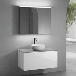 neoro n50 Unterschrank B: 100 cm mit 1 Auszug, Waschtisch &Oslash; 45 cm wei&szlig; matt, mit Spiegelschrank f&uuml;r die Schweiz,, BN0106WM+BN0433WH+BN0403C3+BN0487MI,