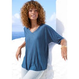 Plisseeshirt Lascana, Damen, Gr. 32/34, blau (dunkelblau), Jersey, Obermaterial: 94% Polyester, 6% Elasthan, unifarben, figurumspielend h&uuml;ftbedeckend, V-Ausschnitt, Fledermaus&auml;rmel, Shirts, aus schimmernder Ware
