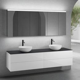neoro n50 M&ouml;belanlage B: 200 cm mit 4 Ausz&uuml;gen, 2 Waschtische &Oslash; 40 cm wei&szlig; matt, mit Spiegelschrank f&uuml;r die Schweiz,,