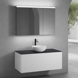 neoro n50 Unterschrank B: 120 cm mit 1 Auszug, Waschtisch &Oslash; 45 cm wei&szlig; matt, mit Spiegelschrank f&uuml;r die Schweiz,, BN0106WM+BN0434WM+BN0404BM+BN0488MI,