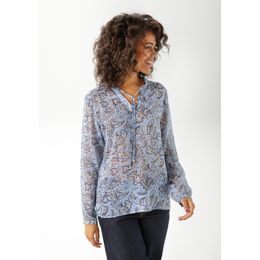 Schlupfbluse Aniston CASUAL, Damen, Gr. 42, hellblau, nachtblau, beige, wei&szlig;, Georgette, Obermaterial: 100% Polyester, Paisley, bedruckt, leicht transparent, figurumspielend h&uuml;ftbedeckend, V-Ausschnitt, 1-Knopf-Manschette, Blusen Schlupfbluse, mit farbharmonischem Paisley-Muster