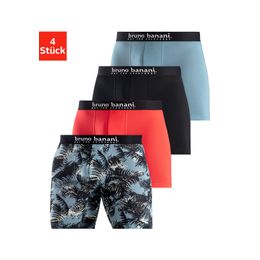Langer Boxer Bruno Banani, Herren, Gr. L (6), 4 Stk., bunt (grau bedruckt, rot, grau, schwarz), Jersey, Obermaterial: 92% Baumwolle, 8% Elasthan, bedruckt, unifarben, k&ouml;rpernah, Unterhosen, mit Palmendruck und unifarben aus Baumwollmischung