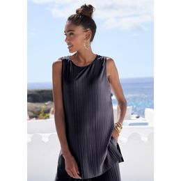 Longtop Lascana, Damen, Gr. 32/34, blau (schwarz), Jersey, Obermaterial: 94% Polyester, 6% Elasthan, unifarben, figurumspielend h&uuml;ftbedeckend, Rundhals, Tops, aus schimmernder Ware mit Plisseefalten