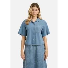 Kurzarmbluse Milano Italy, Damen, Gr. 38, denim, Web, Material: 80% Baumwolle, 20% Polyester, unifarben, gerade kurz, hoch geschlossener Ausschnitt, eingesetzt gerader Abschluss, Blusen, mit Brusttasche