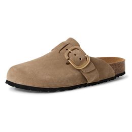 Clog Tamaris, Damen, Gr. 38, grau (taupe), Veloursleder, unifarben, Schuhe Clog, Hausschuh, Schupfschuh, Bequemschuh mit verstellbarer Schnalle