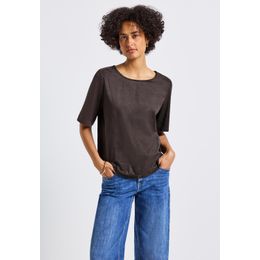 Kurzarmbluse Street One, Damen, Gr. 34, braun (deep roast braun), Stoff, 88% Polyester, 12% Elasthan, unifarben, normal normal, Rundhals, abgesteppt, Blusen, aus elastischem Materialmix