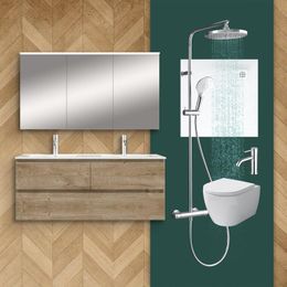 evineo ineo Bad mit M&ouml;belanlage & Spiegelschrank B: 120 cm, WC, Dusche, inkl. Armaturen, BE-Bad-Set4#NEW,