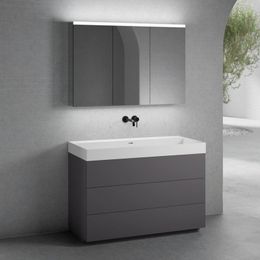 neoro n50 Unterschrank B: 120 cm mit 3 Ausz&uuml;gen, Waschtisch ohne Hahnloch wei&szlig; matt, mit Spiegelschrank f&uuml;r die Schweiz,, BN0136WM+BN0454GR+BN0488MI,