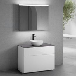 neoro n50 Unterschrank B: 100 cm mit 2 Ausz&uuml;gen, Waschtisch &Oslash; 45 cm wei&szlig; matt, mit Spiegelschrank f&uuml;r die Schweiz,,