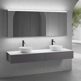 neoro n50 M&ouml;belanlage B: 200 cm mit 2 Ausz&uuml;gen, 2 Waschtische &Oslash; 45 cm wei&szlig; matt, mit Spiegelschrank f&uuml;r die Schweiz,,