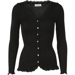 Strickjacke rosemunde "Babette Silk Cardigan mit Seide", Damen, Gr. L, schwarz, Feinripp, Obermaterial: 70% Seide, 30% Baumwolle, unifarben, h&uuml;ftlang, V-Ausschnitt, gewellter Abschluss, Strickjacken Strickjacke, Vintage-Spitzenbesatz, Perlmuttknopfleiste, Langarm, Seidenmix