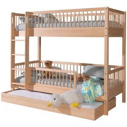 Etagenbett Vipack "aus massiver Buche, natur lackiert, Leiter mit Haltegriffen oben", buche natur, buche natur, buche natur, B:104,9cm H:175,4cm L:207,5cm, Etagenbetten, Etagenbett, wahlweise mit Bettschublade oder zus&auml;tzlichem Rausfallschutz unten