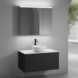neoro n50 Unterschrank B: 100 cm mit 2 Ausz&uuml;gen, Waschtisch &Oslash; 40 cm wei&szlig; matt, mit Spiegelschrank f&uuml;r die Schweiz,,
