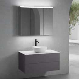 neoro n50 Unterschrank B: 100 cm mit 2 Ausz&uuml;gen, Waschtisch &Oslash; 40 cm wei&szlig; matt, mit Spiegelschrank f&uuml;r die Schweiz,,