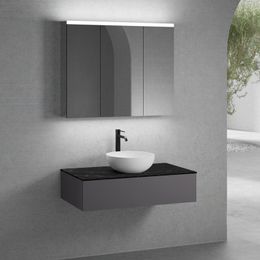 neoro n50 Unterschrank B: 100 cm mit 1 Auszug, Waschtisch &Oslash; 40 cm wei&szlig; matt, mit Spiegelschrank f&uuml;r die Schweiz,, BN0064WM+BN0413GR+BN0403C2+BN0487MI,