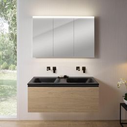 rivea Dia Unterschrank B: 121 cm mit 1 Auszug, Doppelwaschtisch ohne Hahnloch schwarz matt, mit n50 Spiegelschrank f&uuml;r die Schweiz,,