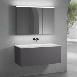 neoro n50 Unterschrank B: 120 cm mit 1 Auszug, Waschtisch ohne Hahnloch wei&szlig; matt, mit Spiegelschrank f&uuml;r die Schweiz,, BN0101WM+BN0434GR+BN0488MI,