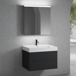 neoro n50 Unterschrank B: 80 cm mit 2 Ausz&uuml;gen, Waschtisch mit 1 Hahnloch wei&szlig; matt, mit Spiegelschrank f&uuml;r die Schweiz,, BN0138WM+BN0422BM+BN0486MI,