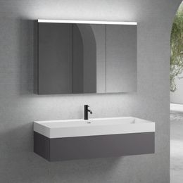 neoro n50 Unterschrank B: 120 cm mit 1 Auszug, Waschtisch mit 1 Hahnloch wei&szlig; matt, mit Spiegelschrank f&uuml;r die Schweiz,, BN0140WM+BN0414GR+BN0488MI,
