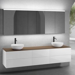 neoro n50 M&ouml;belanlage B: 220 cm mit 6 Ausz&uuml;gen, 2 Waschtische &Oslash; 45 cm wei&szlig; matt, mit Spiegelschrank f&uuml;r die Schweiz,,