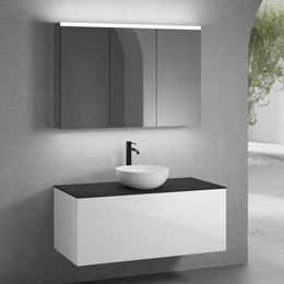 neoro n50 Unterschrank B: 120 cm mit 1 Auszug, Waschtisch &Oslash; 45 cm wei&szlig; matt, mit Spiegelschrank f&uuml;r die Schweiz,, BN0106WM+BN0434WH+BN0404BM+BN0488MI,