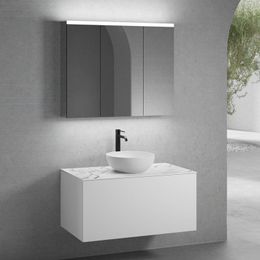 neoro n50 Unterschrank B: 100 cm mit 1 Auszug, Waschtisch &Oslash; 45 cm wei&szlig; matt, mit Spiegelschrank f&uuml;r die Schweiz,, BN0106WM+BN0433WM+BN0403C1+BN0487MI,