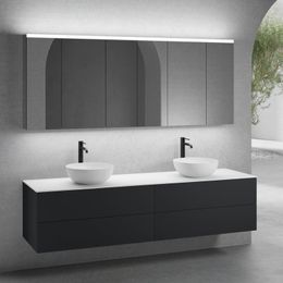 neoro n50 M&ouml;belanlage B: 200 cm mit 4 Ausz&uuml;gen, 2 Waschtische &Oslash; 45 cm wei&szlig; matt, mit Spiegelschrank f&uuml;r die Schweiz,,
