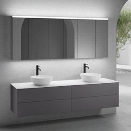 neoro n50 M&ouml;belanlage B: 200 cm mit 4 Ausz&uuml;gen, 2 Waschtische &Oslash; 45 cm wei&szlig; matt, mit Spiegelschrank f&uuml;r die Schweiz,,